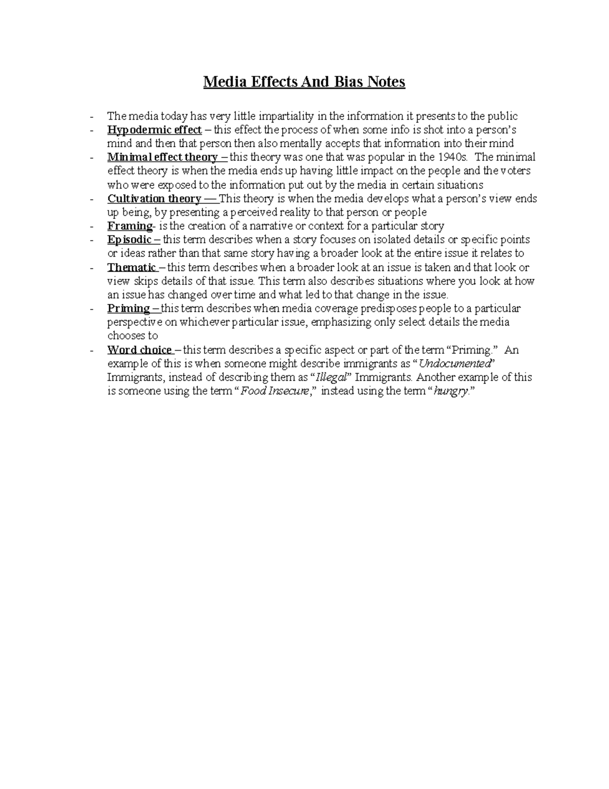 Media Effects And Bias Notes - The minimal effect theory is when the ...