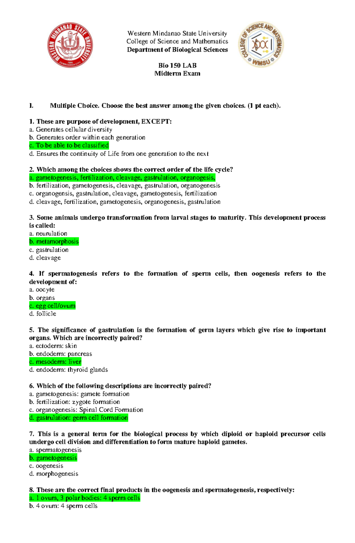 Developmental Biology - Midterm Exam - Western Mindanao State ...