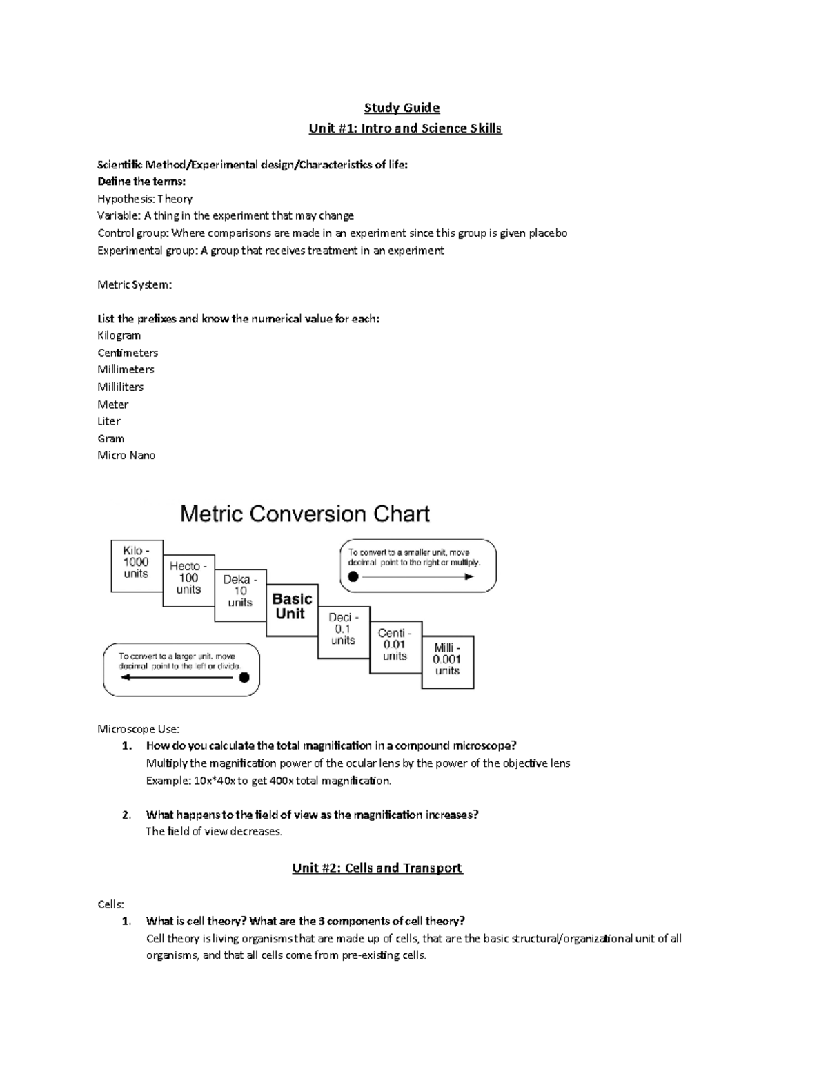 Final exam review guide - Study Guide Unit #1: Intro and Science Skills ...