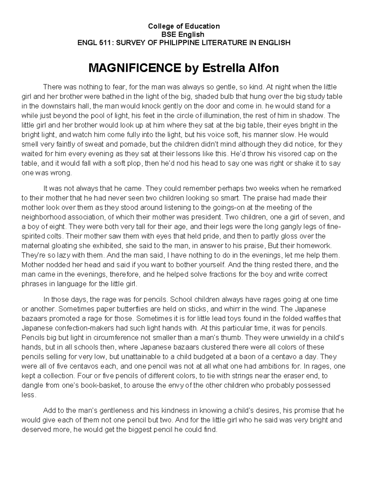 Magnificence by Estrella Alfon Short Story - College of Education BSE ...