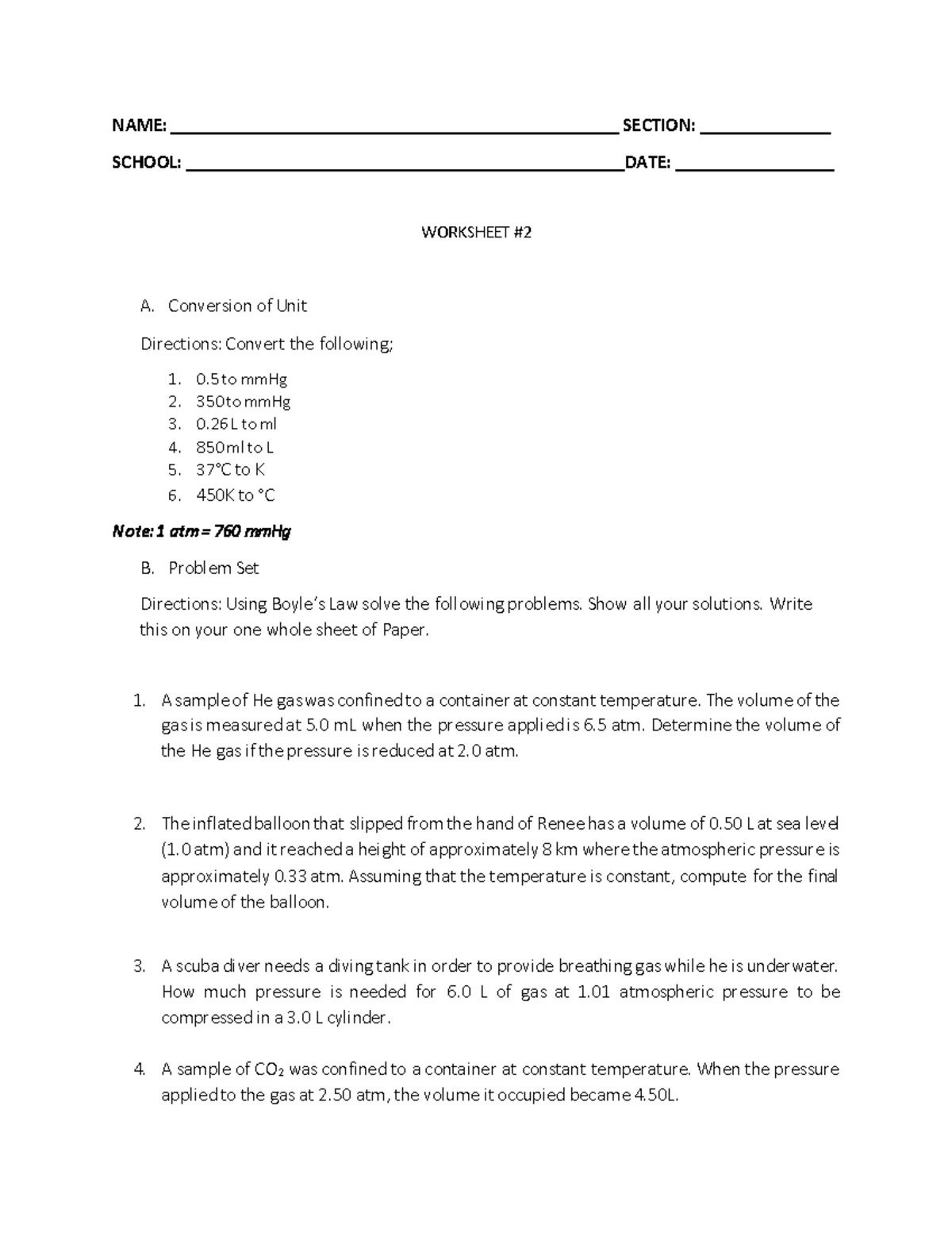 Practice Materials for Gas Laws - NAME ...