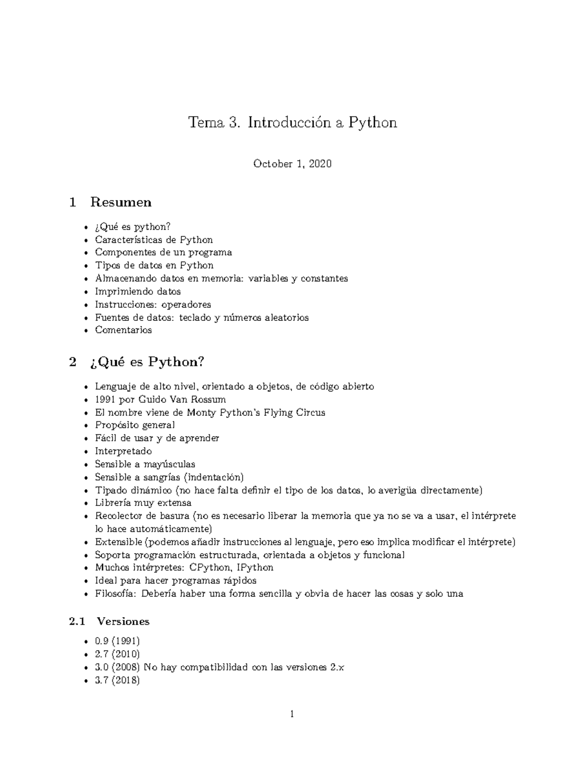 Tema 3. Introducción a Python - Tema 3. Introducción a Python October 1 ...