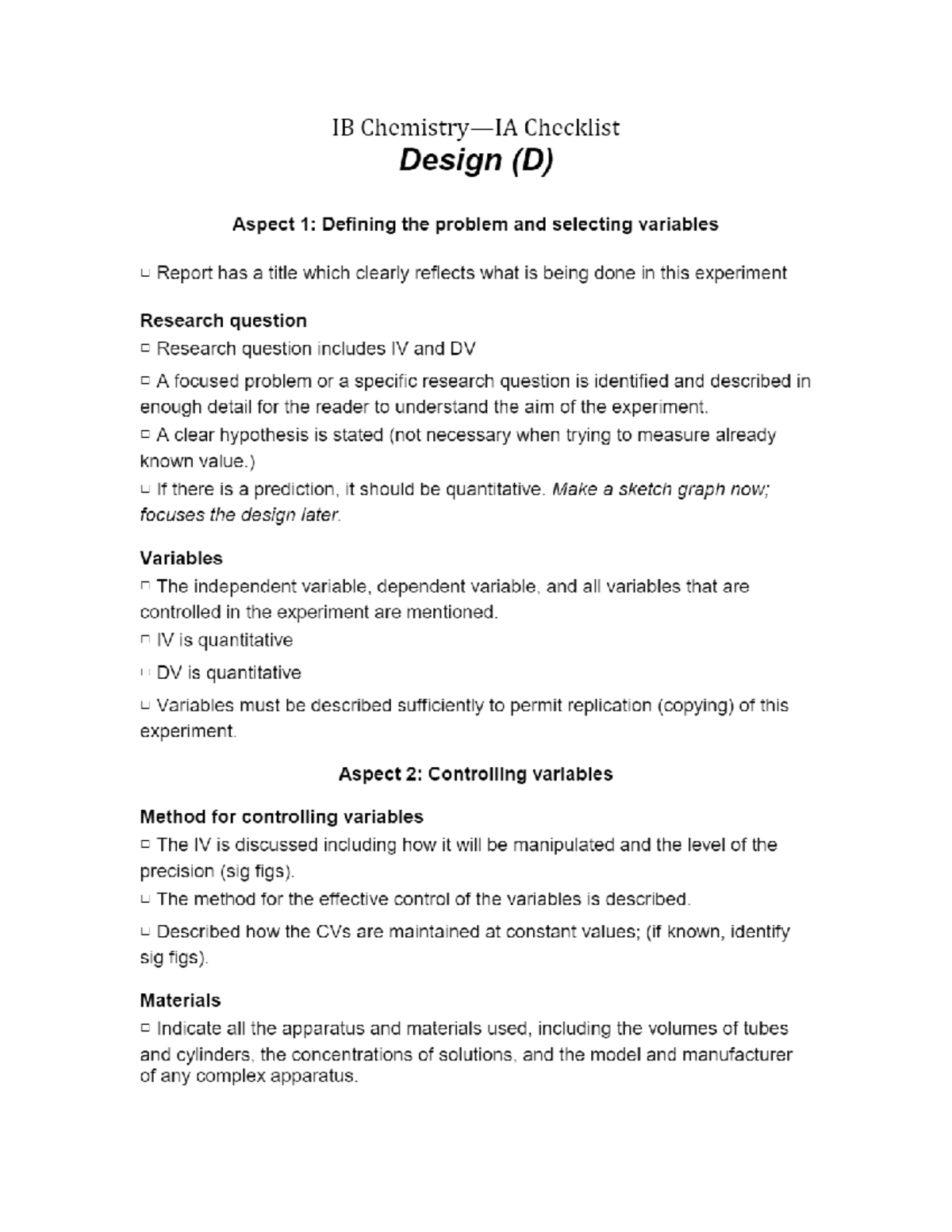 IB Chemistry—IA Checklist - Humble Independent School District - Studocu