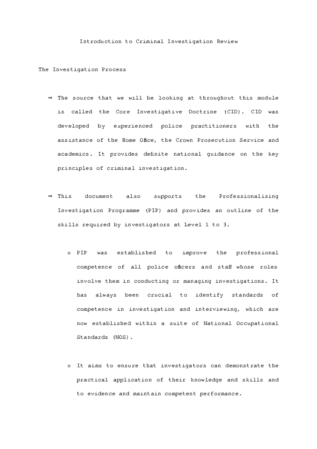 Introduction to Criminal Investigation Review - CID was developed by ...