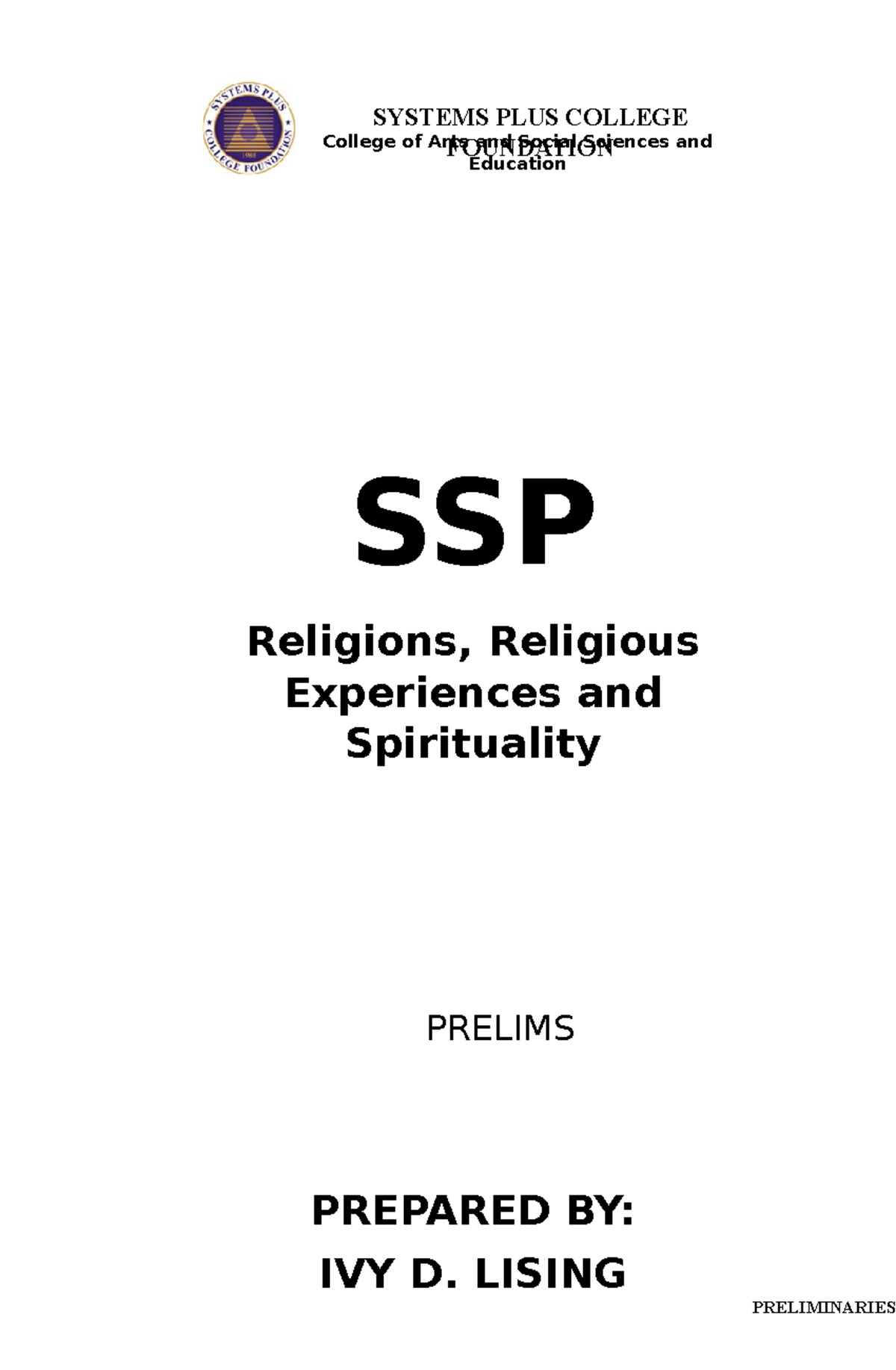 SSP- Module - PRELIMS ####### PRELIMINARIES SYSTEMS PLUS COLLEGE ...