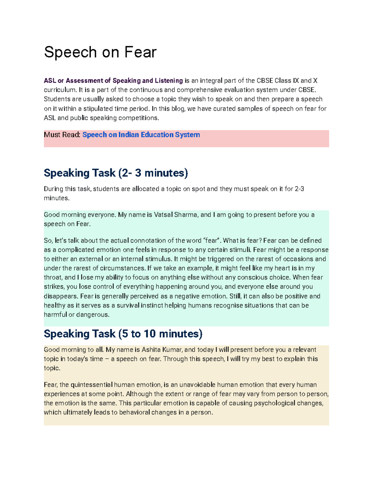 Speech on Fear PDF - Speech on Fear ASL or Assessment of Speaking and ...