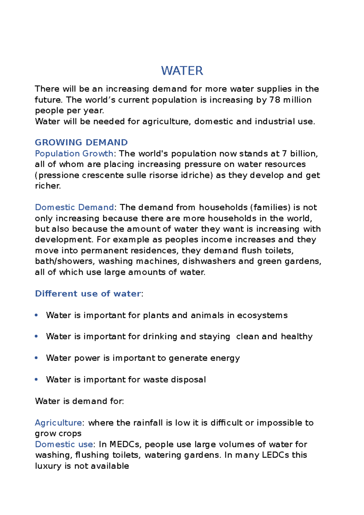 Water - WATER There will be an increasing demand for more water ...
