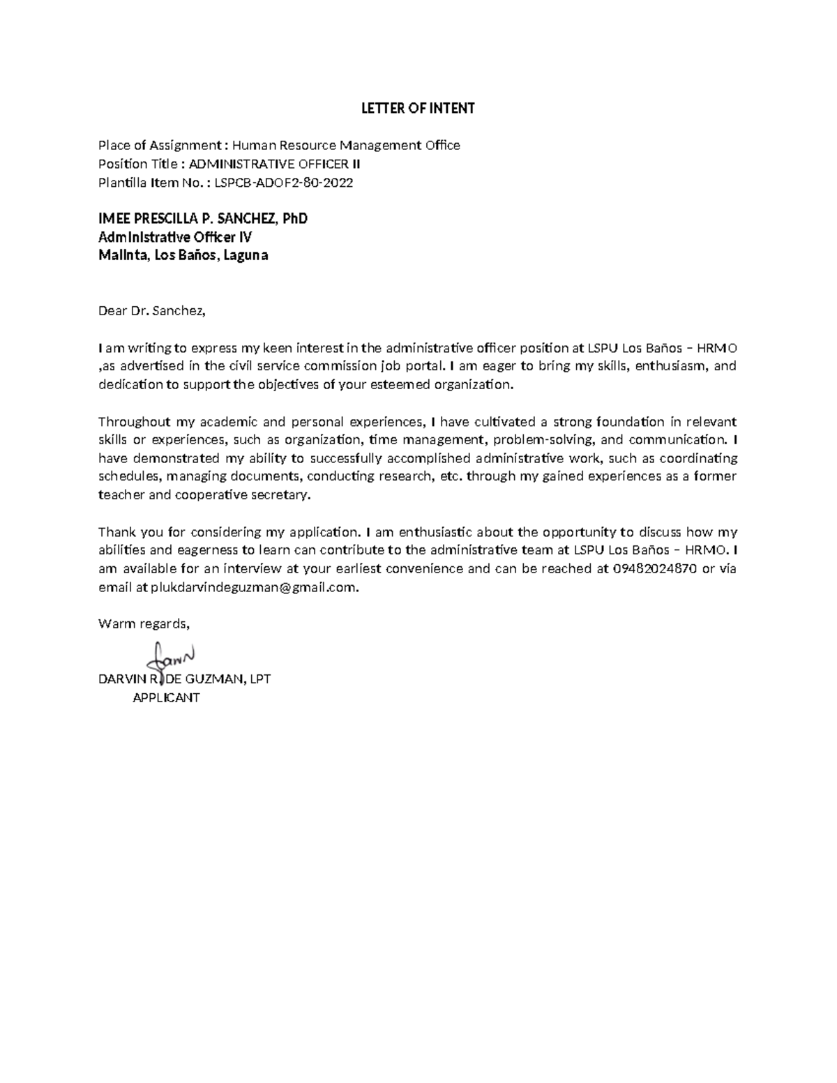 Letter OF Intent LSPU - LETTER OF INTENT Place of Assignment : Human ...