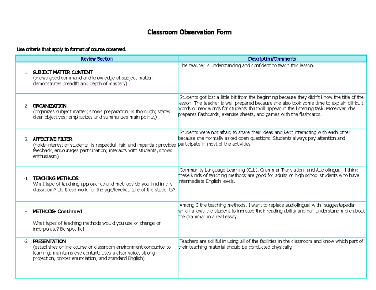 Classroom Observation Form - Review Section Description/Comments ...