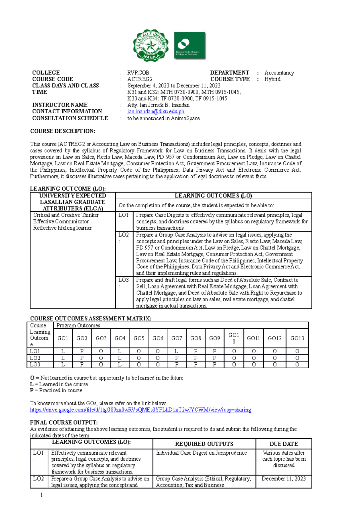 Actreg 2 - Hybrid Syllabus - [AY2023-2024Term1] - COLLEGE : RVRCOB DEPARTMENT : Accountancy ...