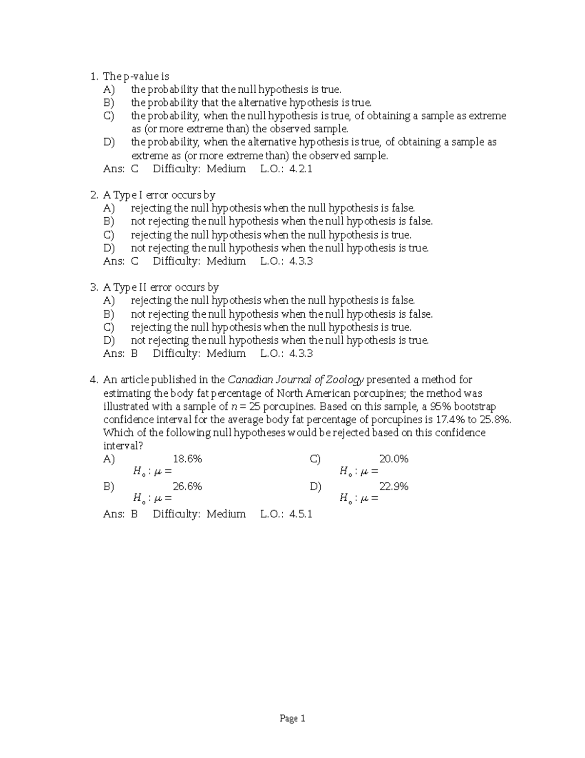 Chapter 4 Hypothesis Tests - The p-value is A) the probability that the ...