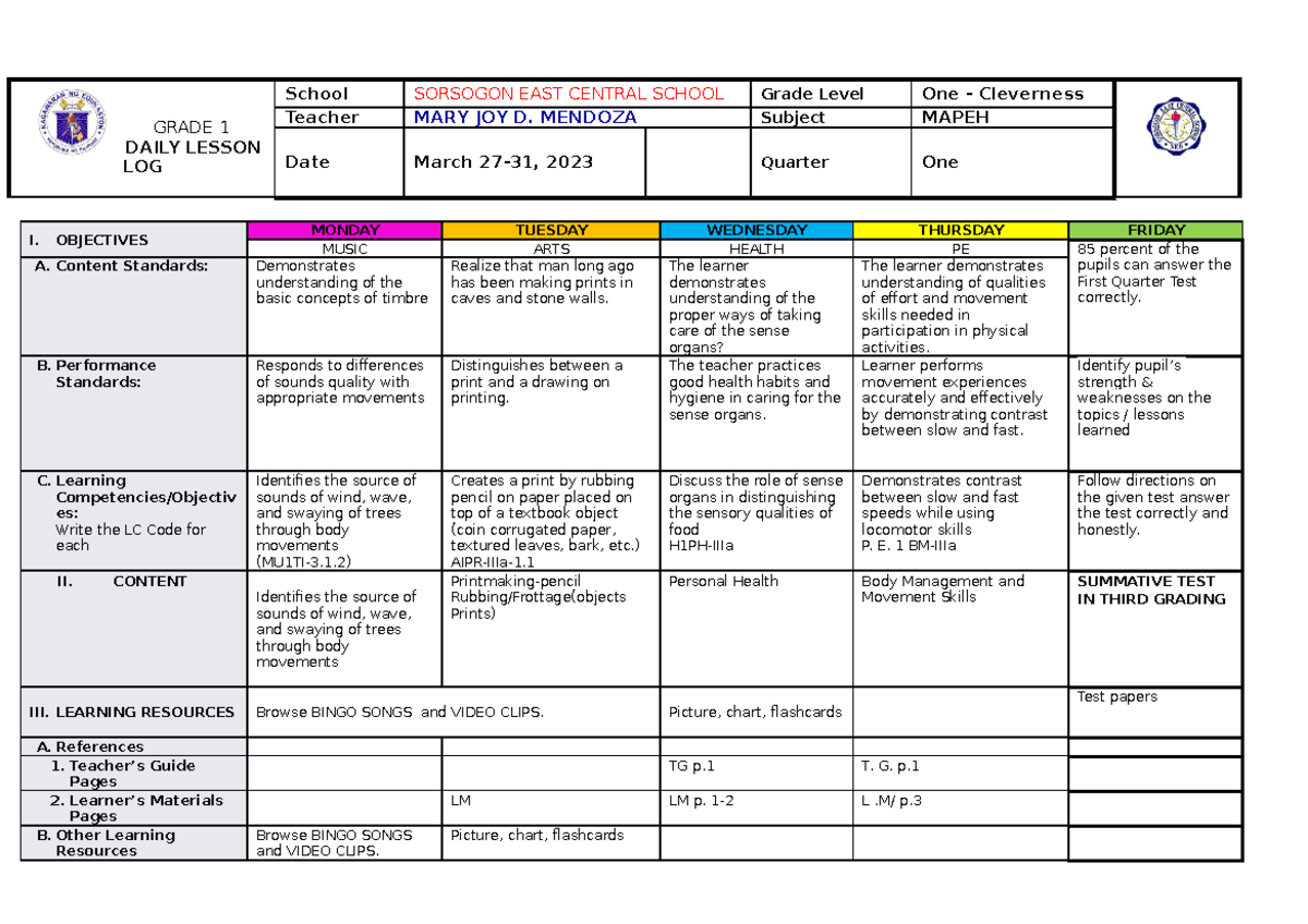 Mapeh Third Quarter WEEK 1 - GRADE 1 DAILY LESSON LOG School SORSOGON ...