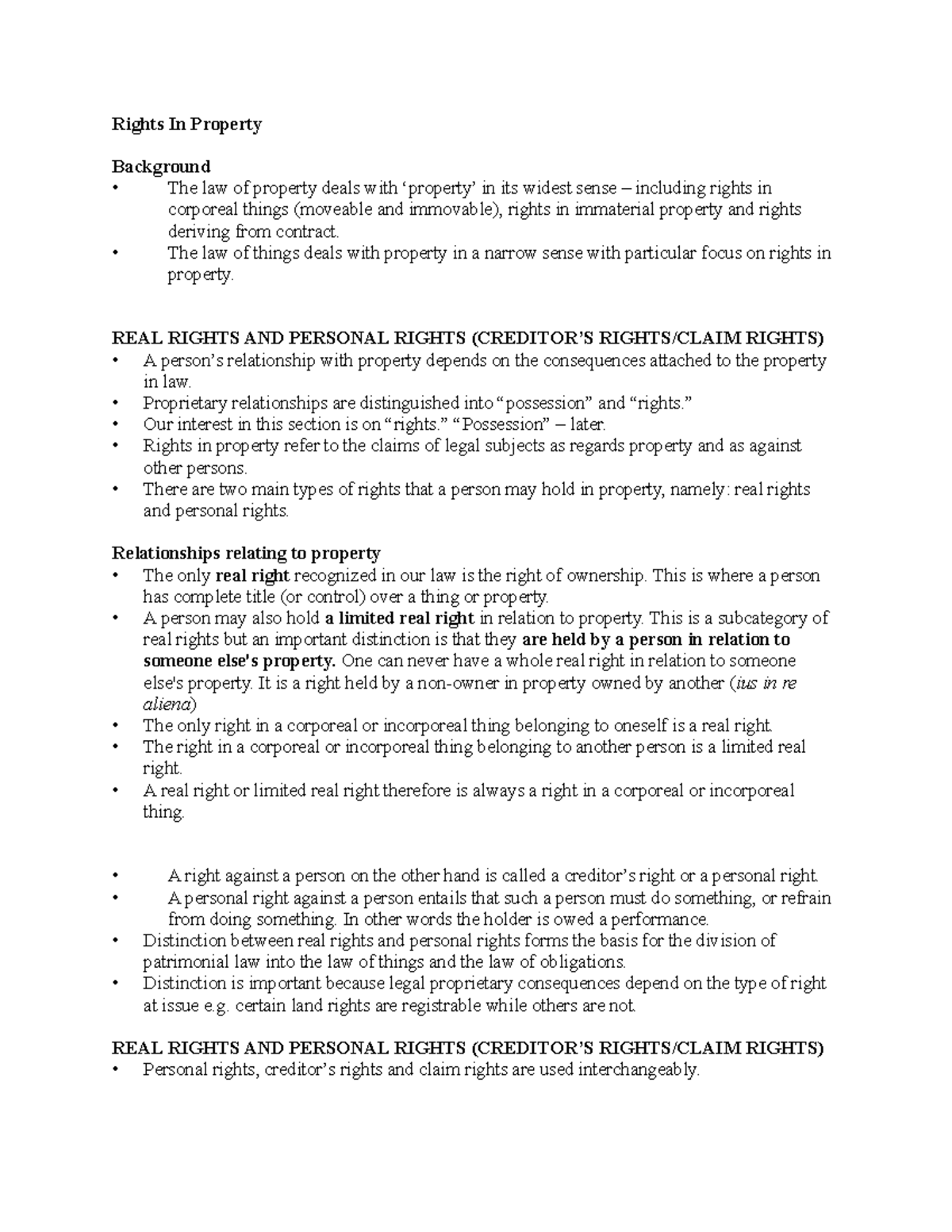 THI Lecture 2 - Rights In Property Background The law of property deals ...