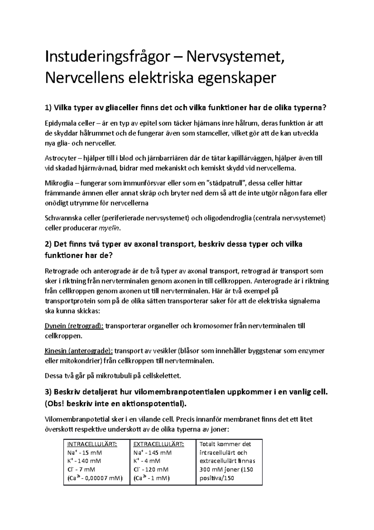 Instuderingsfrågor Nervcellen - Instuderingsfrågor – Nervsystemet ...