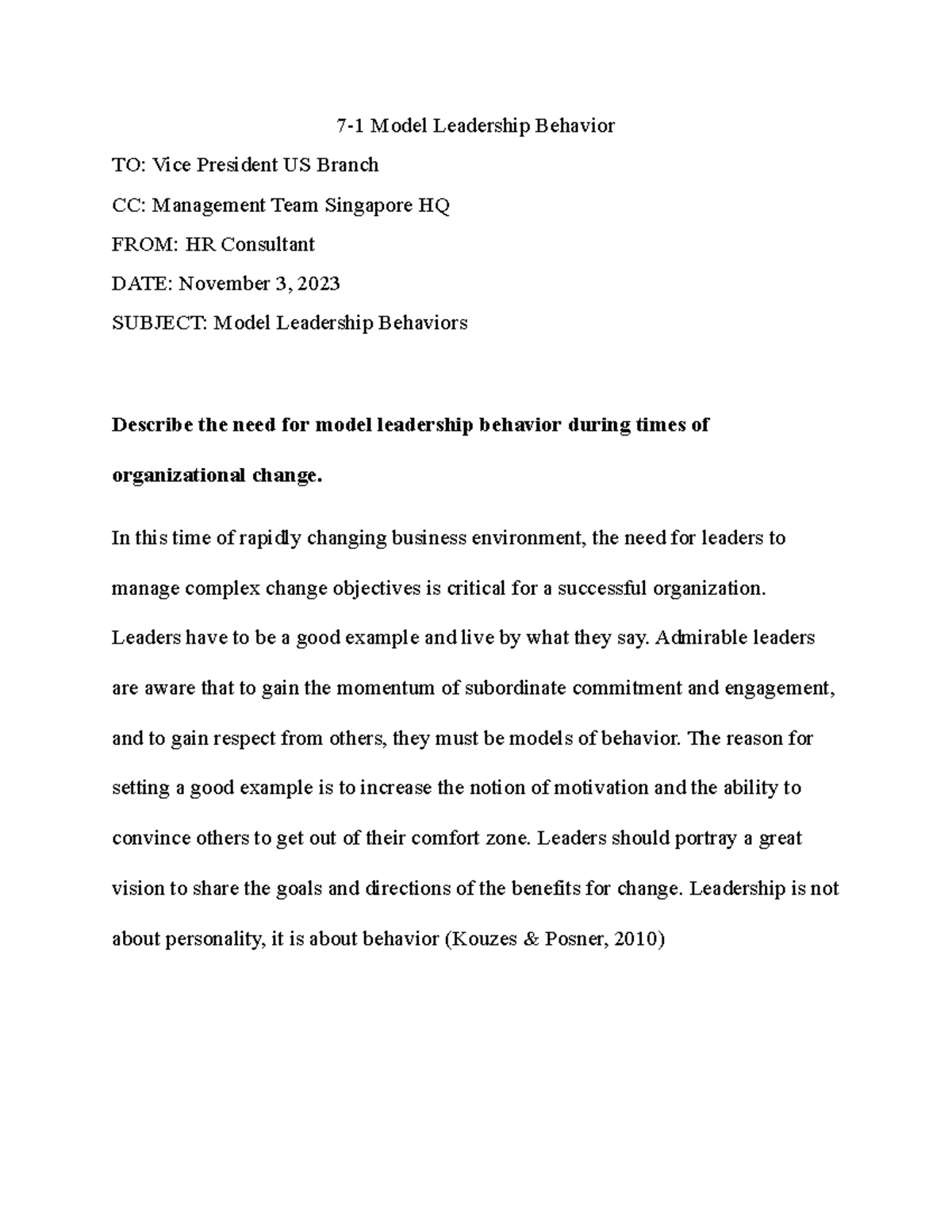 MBA 687 Module 7 Model Leadership Behavior - 7-1 Model Leadership ...