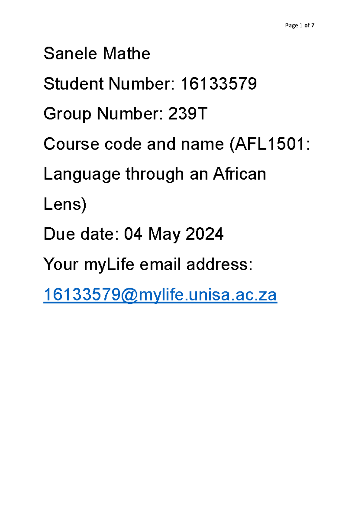 16133579- Sanele mathe- AFL1501 Assignment 3 - Sanele Mathe Student ...