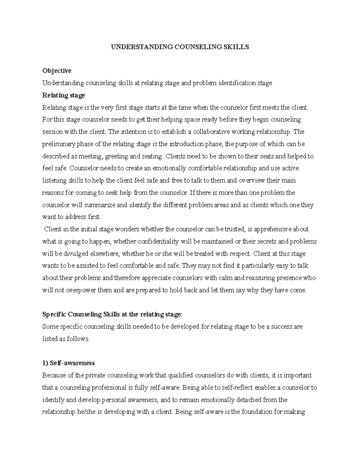 Counselling 2 - UNDERSTANDING COUNSELING SKILLS Objective Understanding ...