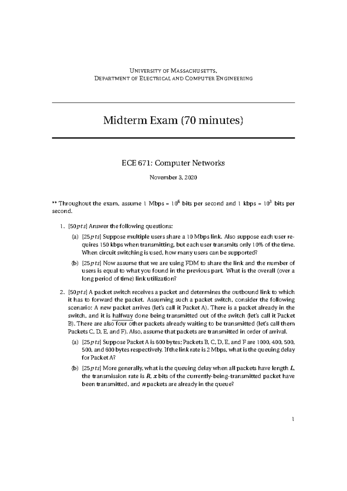 ECE671 Computer Networks Midterm Practice Fall2020 - UNIVERSITY ...