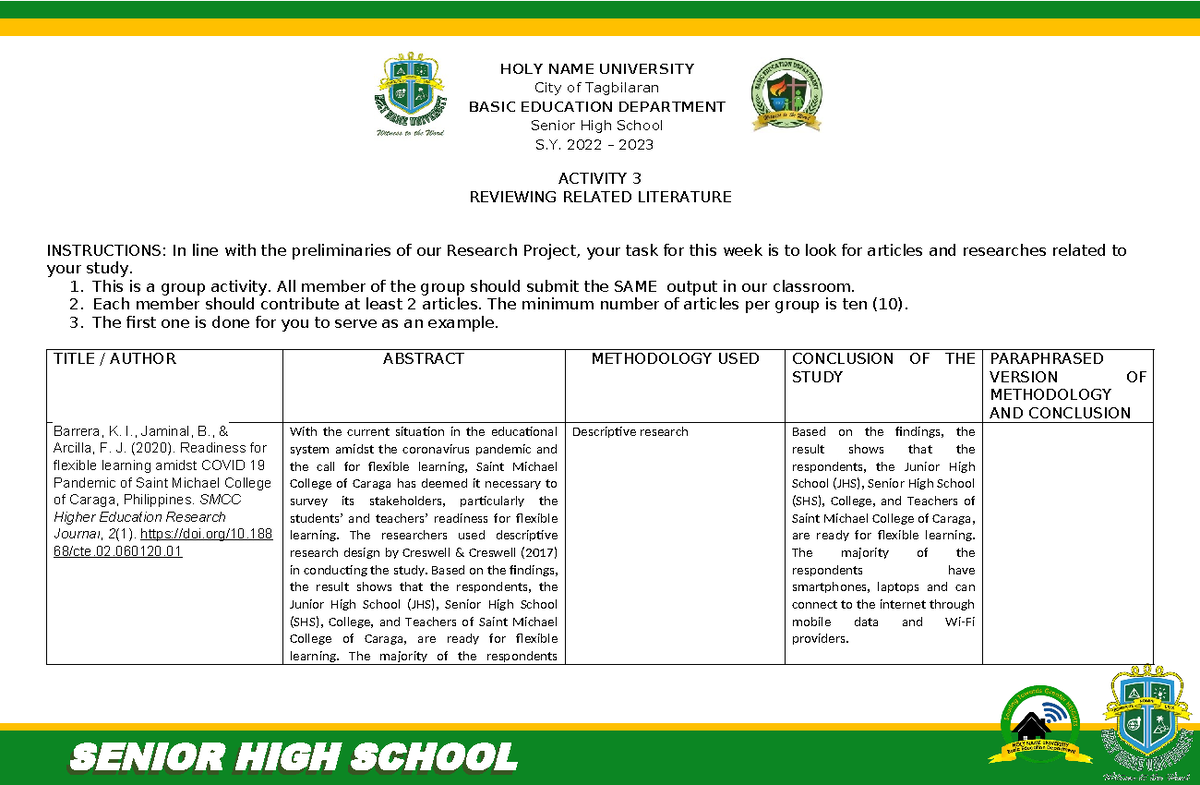 RRL - none - SENIOR HIGH SCHOOL SENIOR HIGH SCHOOL ACTIVITY 3 REVIEWING ...