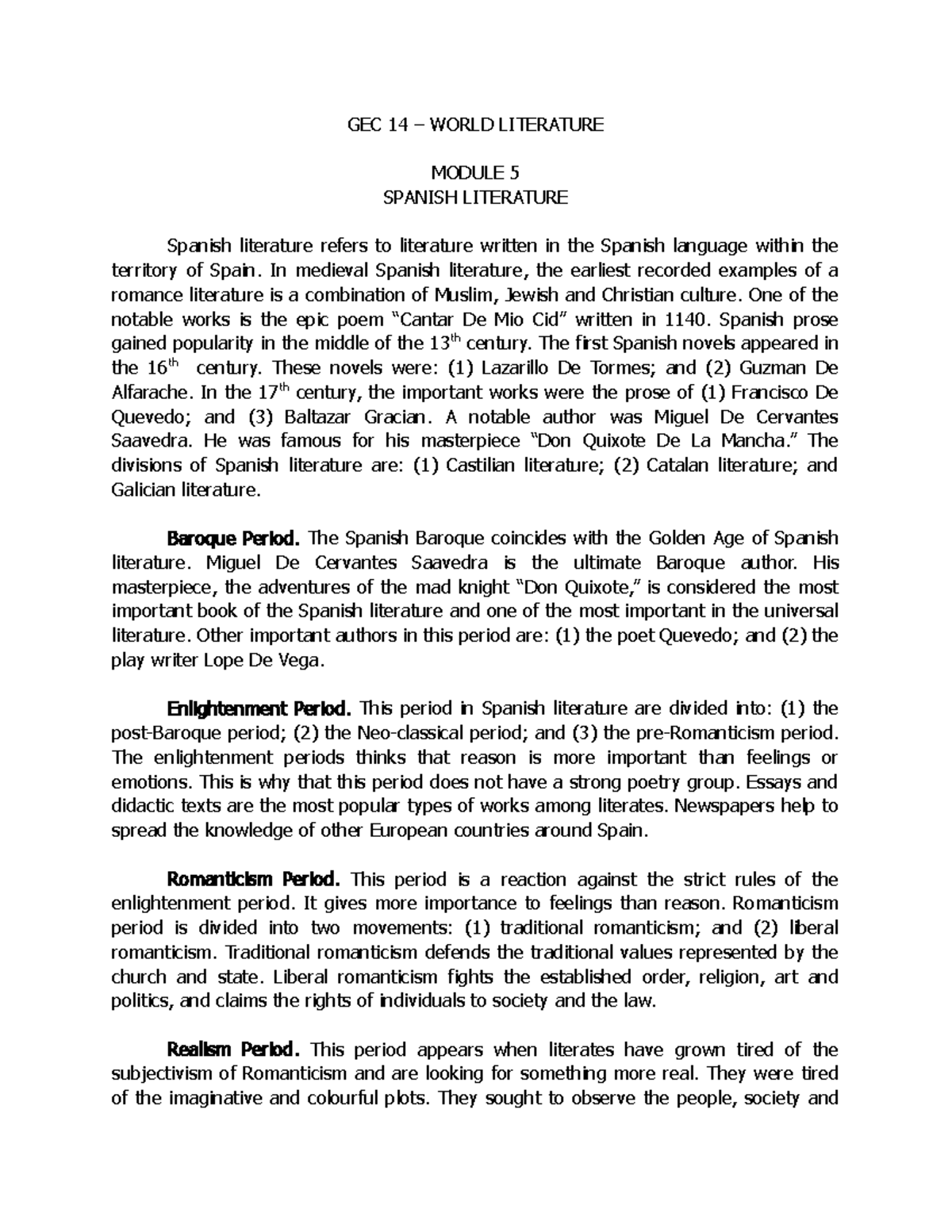 World Lit Module 5 Spanish - GEC 14 – WORLD LITERATURE MODULE 5 SPANISH ...