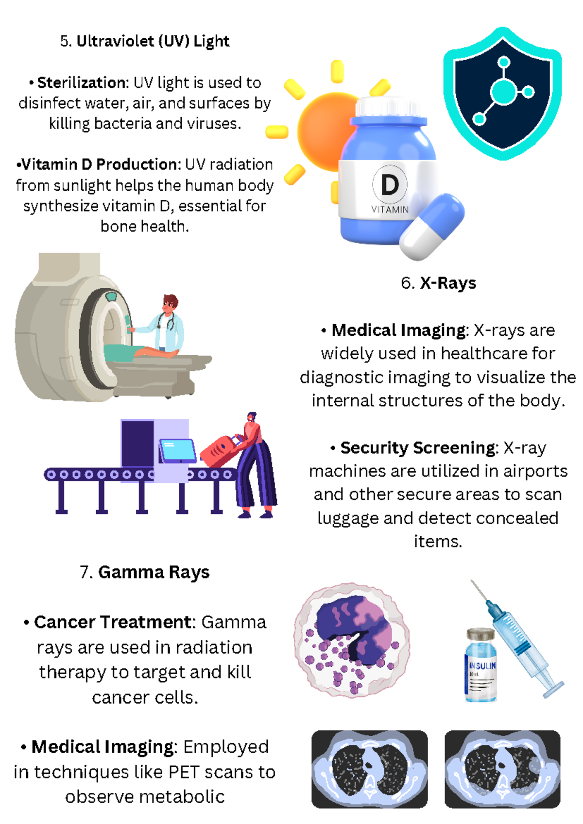 Electromagnetic USES - SUMMARY - 5. Ultraviolet (UV) Light • Sterilization: UV light is used to ...