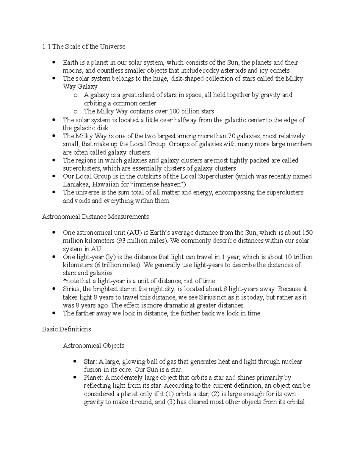 The Scale of the Universe - notes for chpater 1 - PHYS 284 - Concordia ...