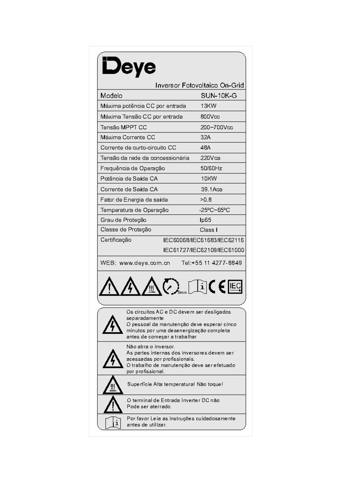 Deye 10k - Etiqueta de inversor - Inversor Fotovoltaico On-Grid Modelo ...