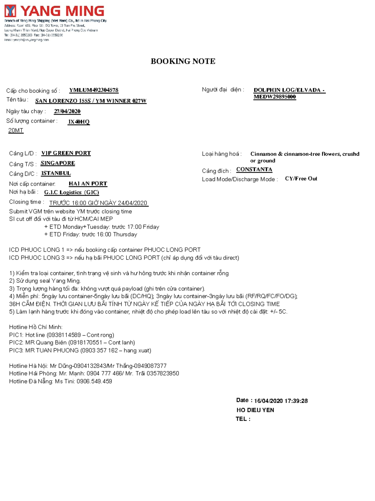 Booking 0204 Yang Ming - BOOKING NOTE Tên tàu : Ngày tàu chạy : Số ...