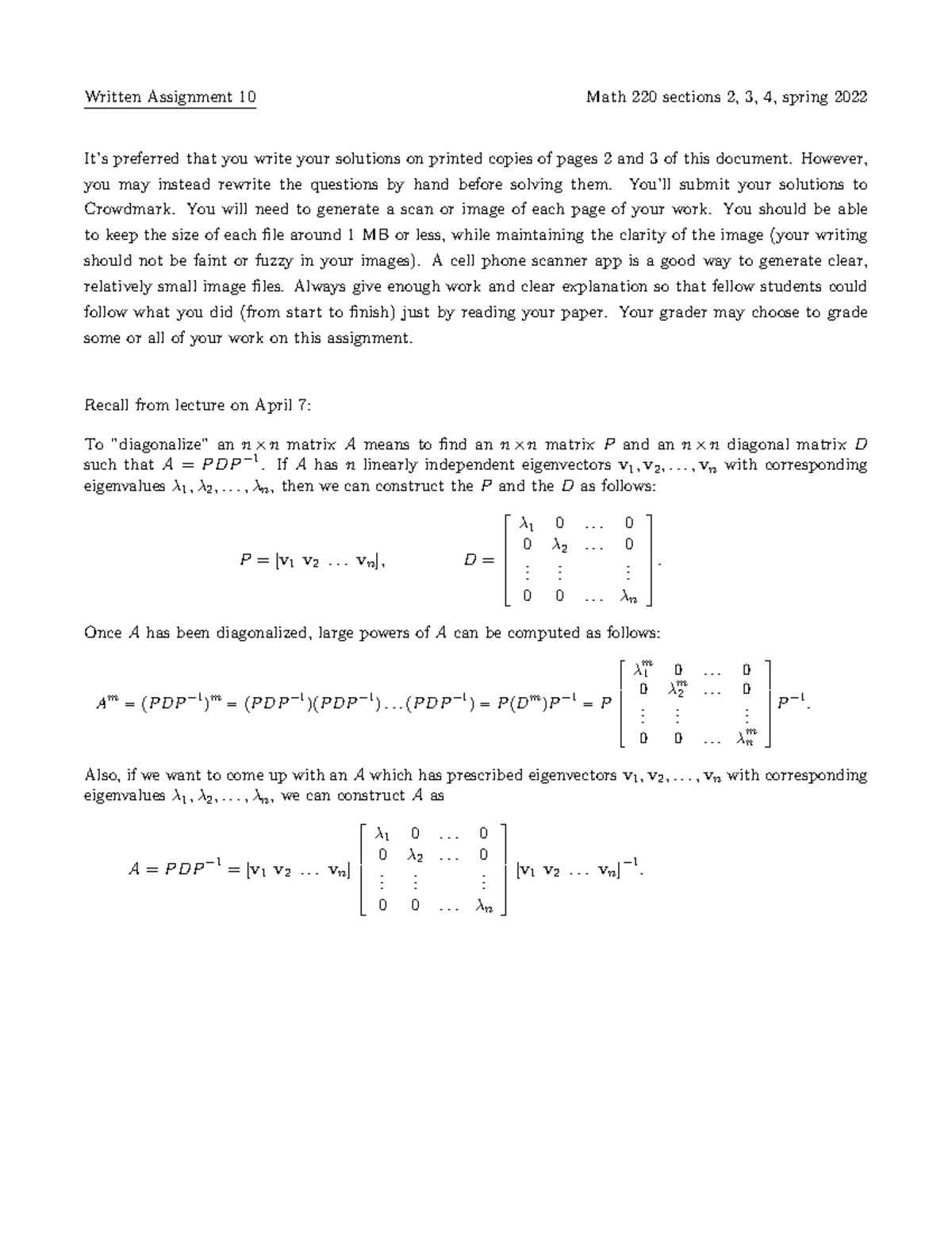 Written Assignment 10 with no Answers - Written Assignment 10 Math 220 ...