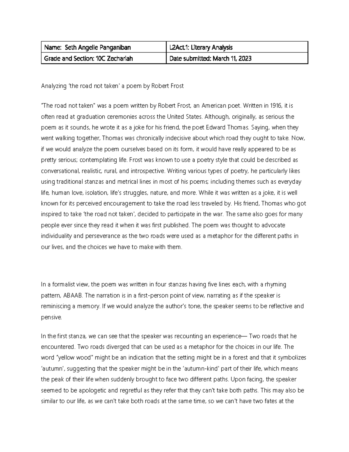 Literature Analysis - Name: Seth Angelle Panganiban L2Act. 1 : Literary ...