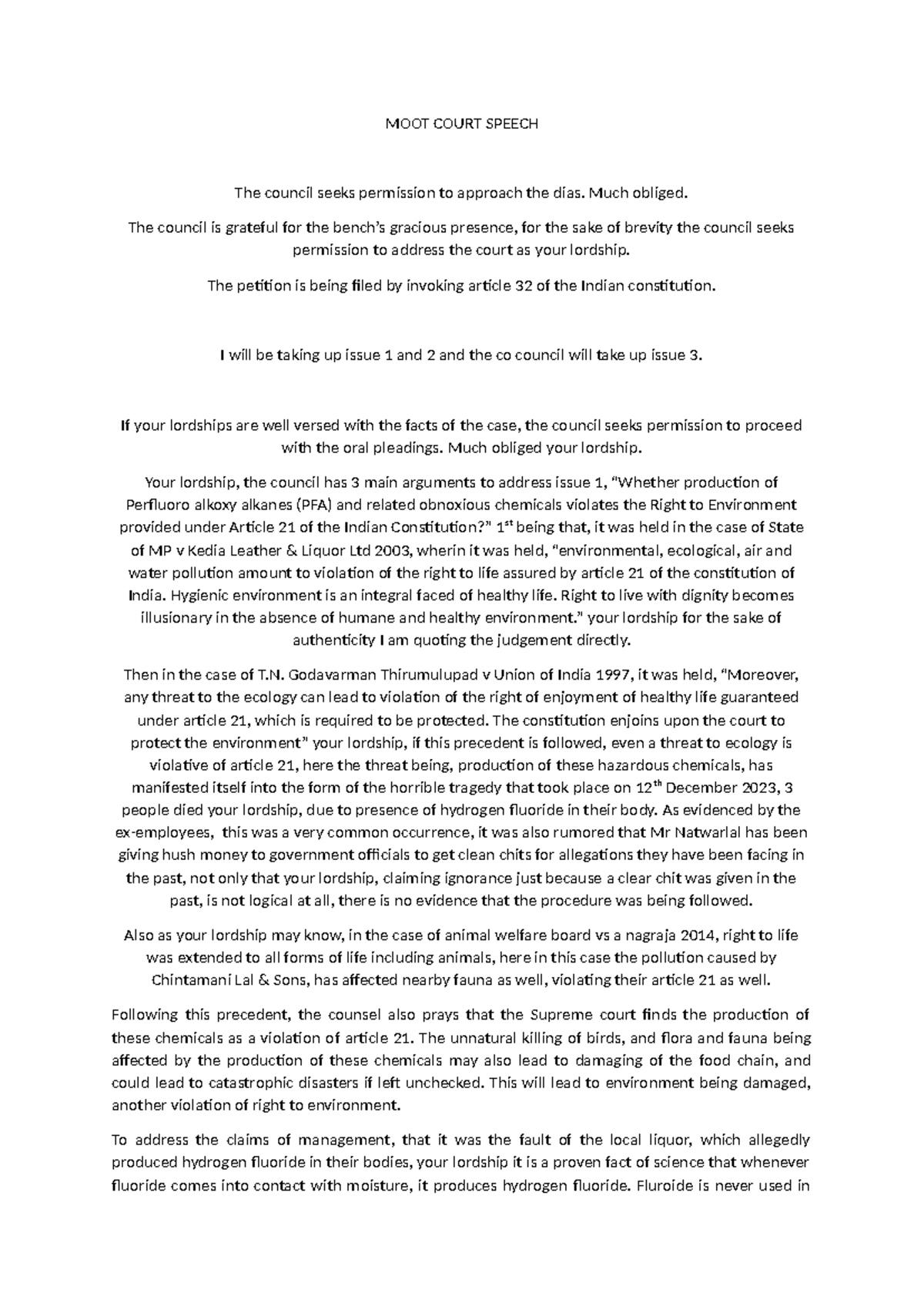 MOOT Court Speech - MOOT COURT SPEECH The council seeks permission to ...