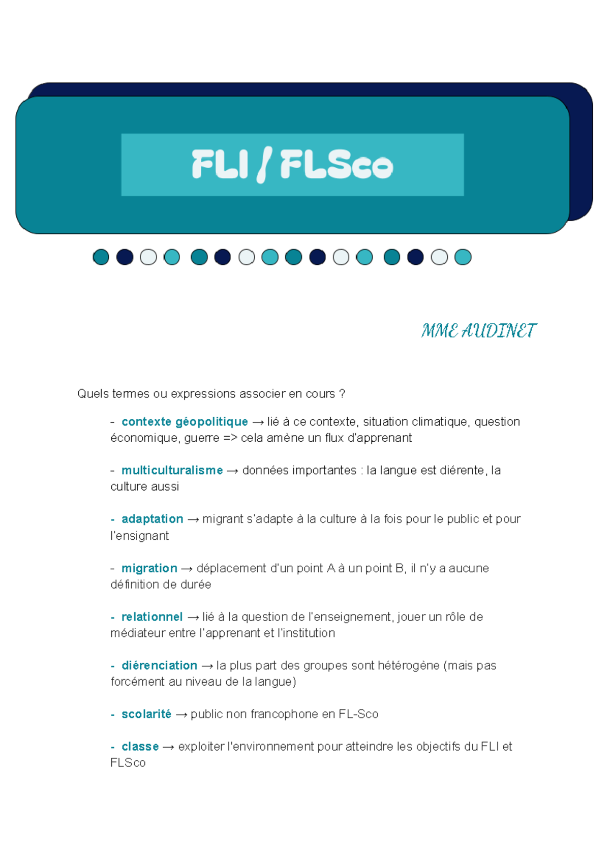 FLI FLSco - Français langue étrangère et seconde - MME AUDINET Quels ...