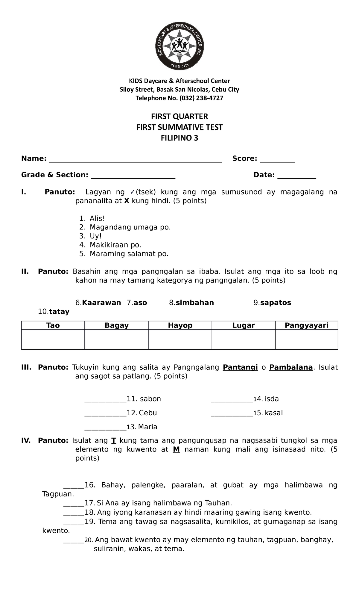 Filipino 3 First Quarter, First Summative Test - KIDS Daycare ...