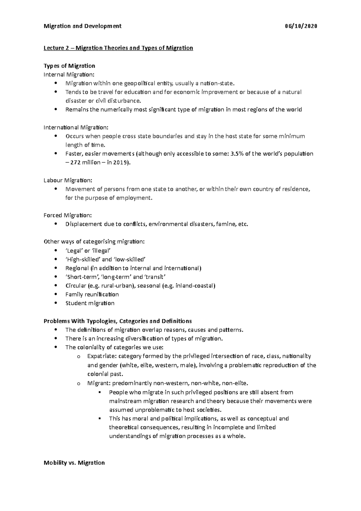 Lecture 2 - Types of Migration and Migration Theories - Lecture 2 ...