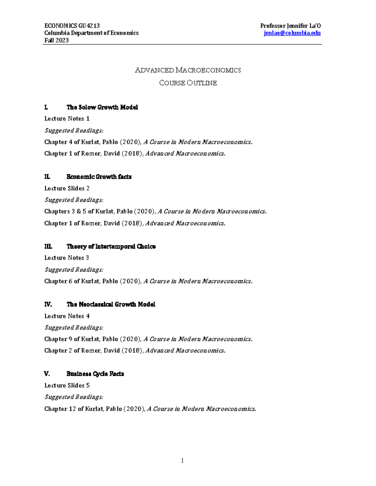 Adv Macro-Course Outline-Fall2023 - ECONOMICS GU4213 Professor Jennifer ...