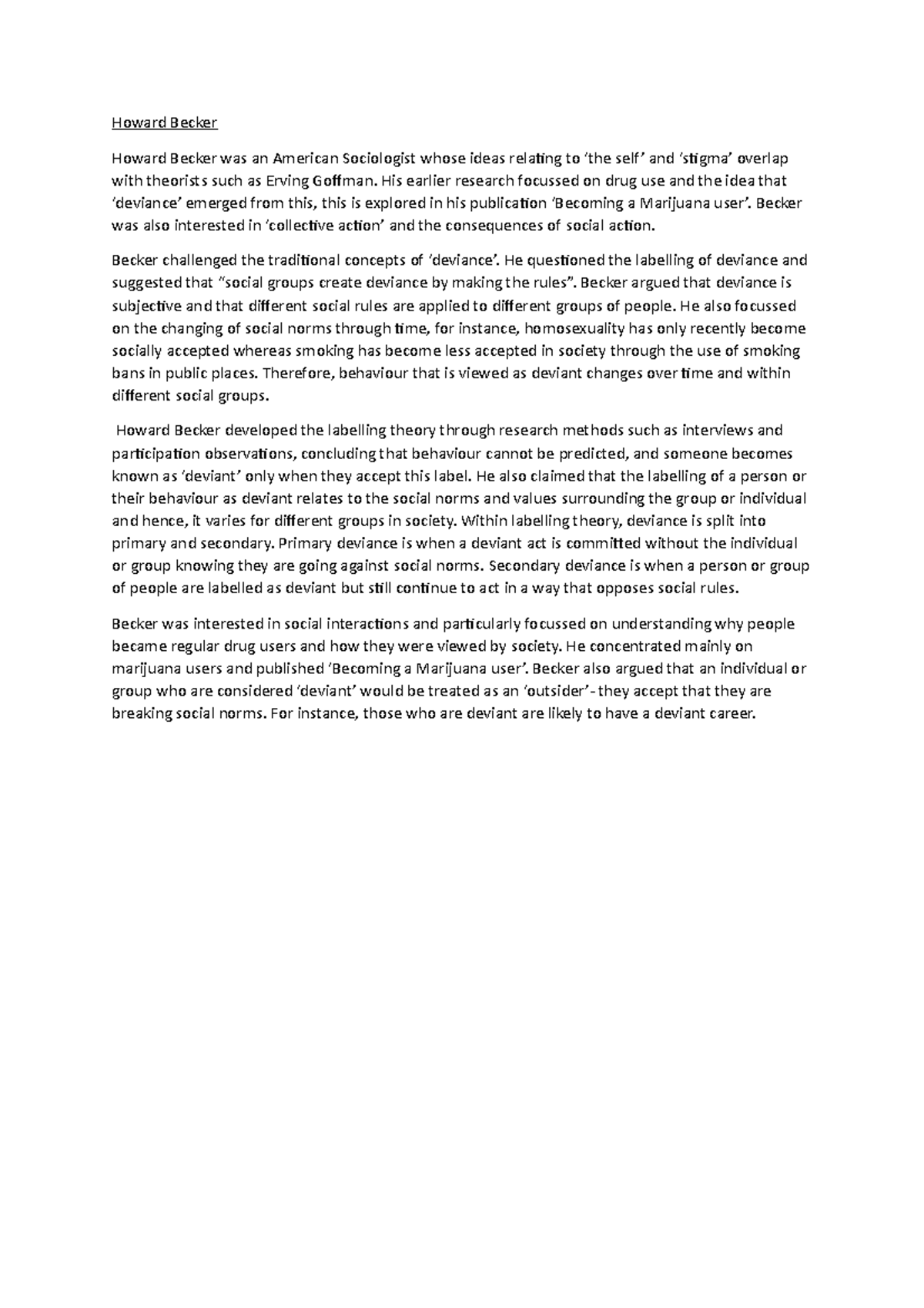 Journal 8- Howard Becker - Howard Becker Howard Becker was an American ...