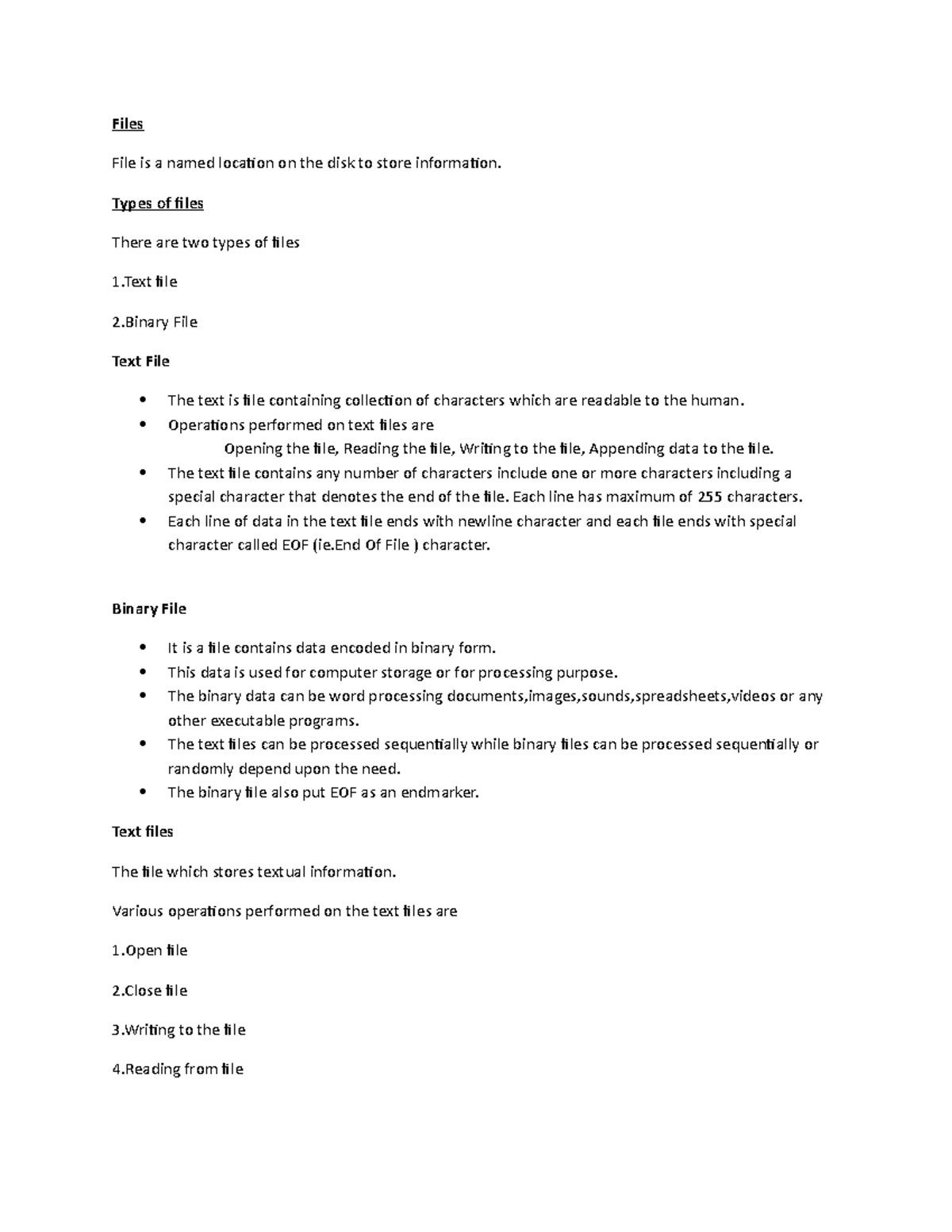 Files - unit-5 notes - Files File is a named location on the disk to ...