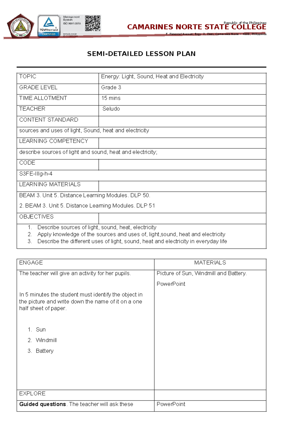 Template- 5 Es Semi Detailed lesson plan Energy: Light, Sound, Heat and ...