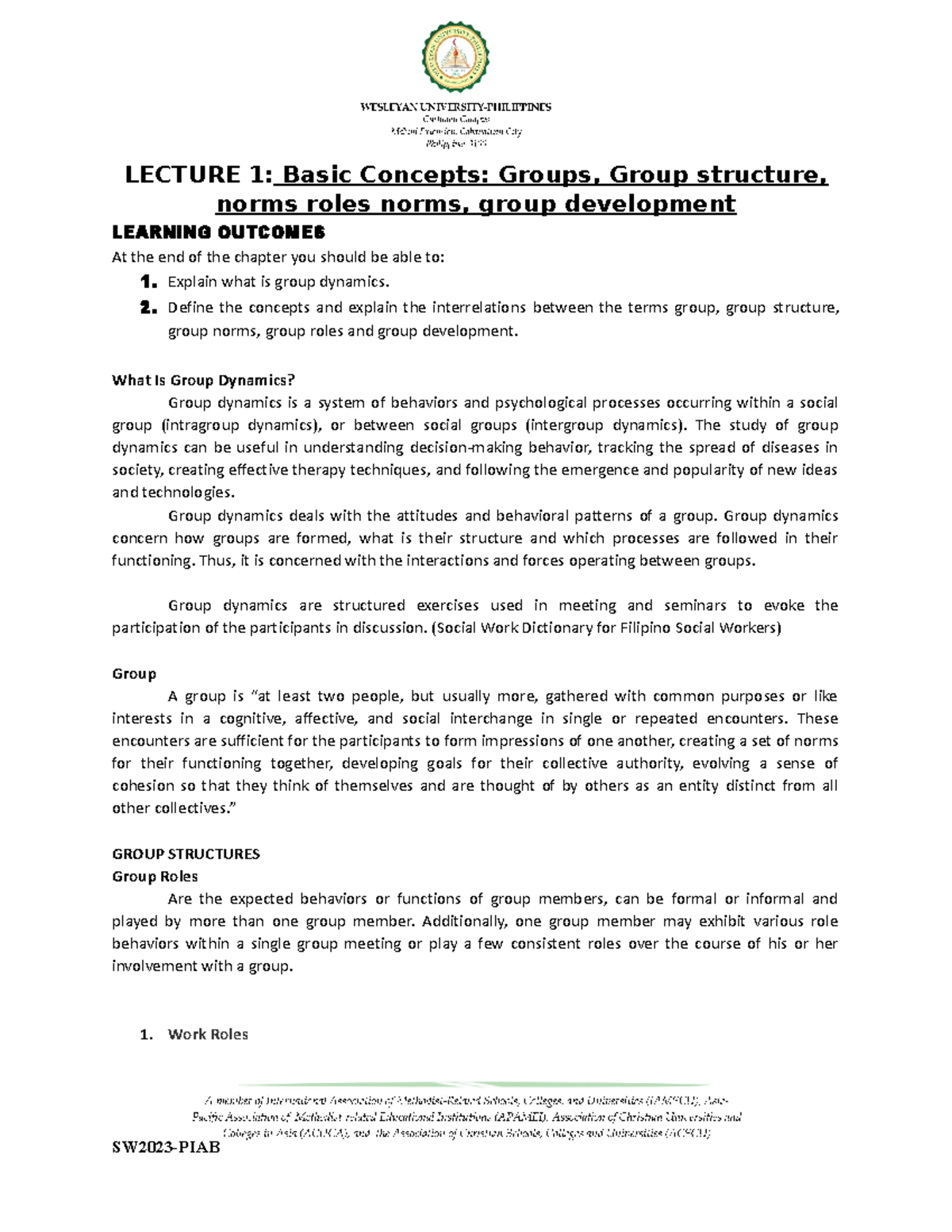 Group Dynamics Master Handout - LECTURE 1: Basic Concepts: Groups ...