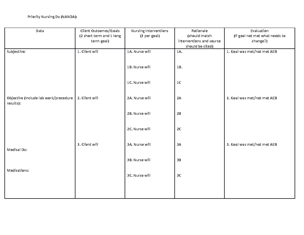 Care Plan Template 2 - Priority Nursing Dx (NANDA): Data (2 short term ...