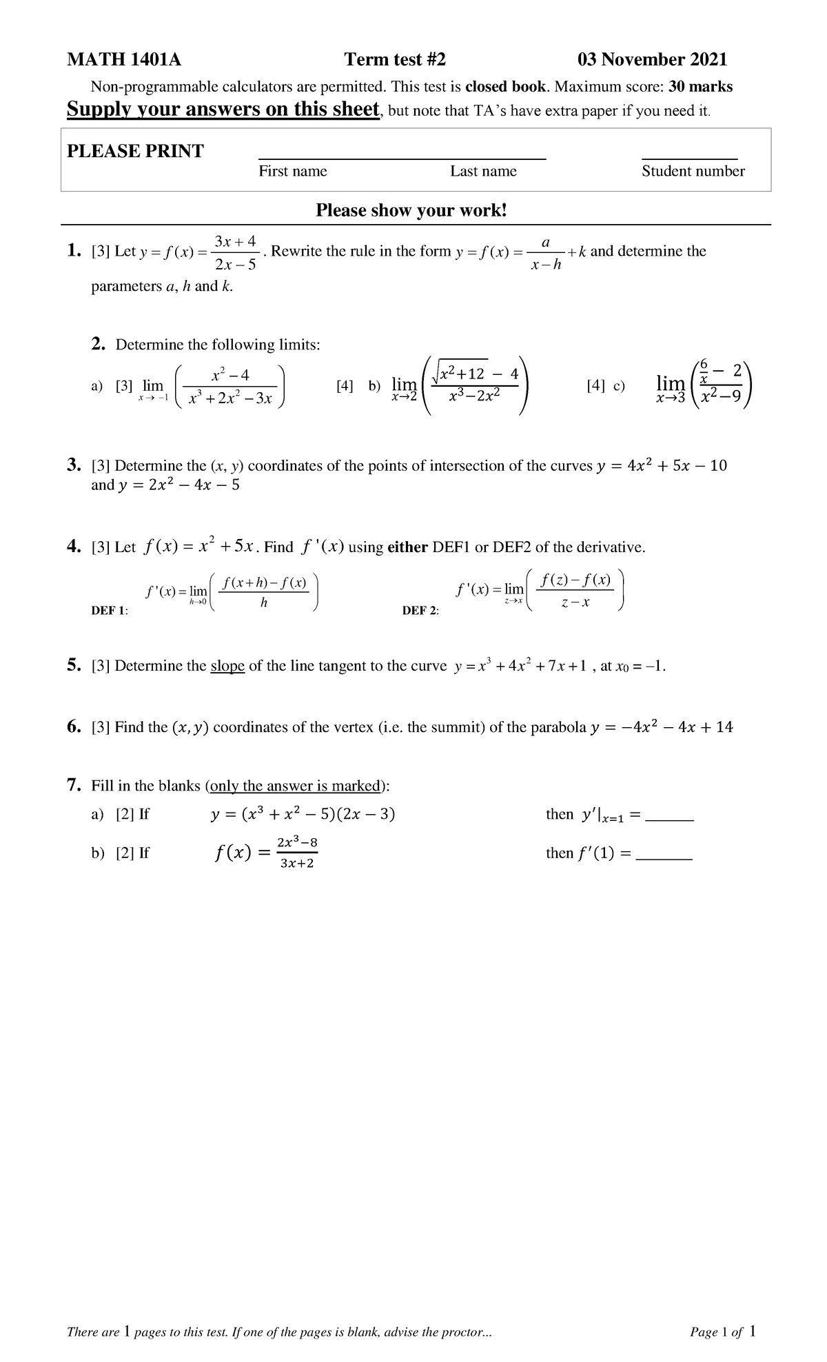 MATH 1401A - term test#2 - Practice questions - 1401A - Carleton - Studocu