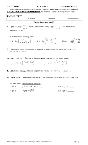 MATH 1401A - term test#3 - Practice questions - MATH 1401A Term test #3 ...