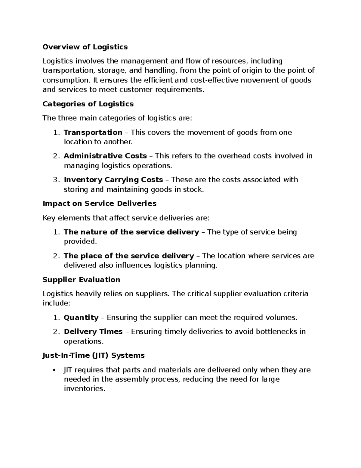 Overview of Logistics - Brief Lecture notes. - Overview of Logistics ...