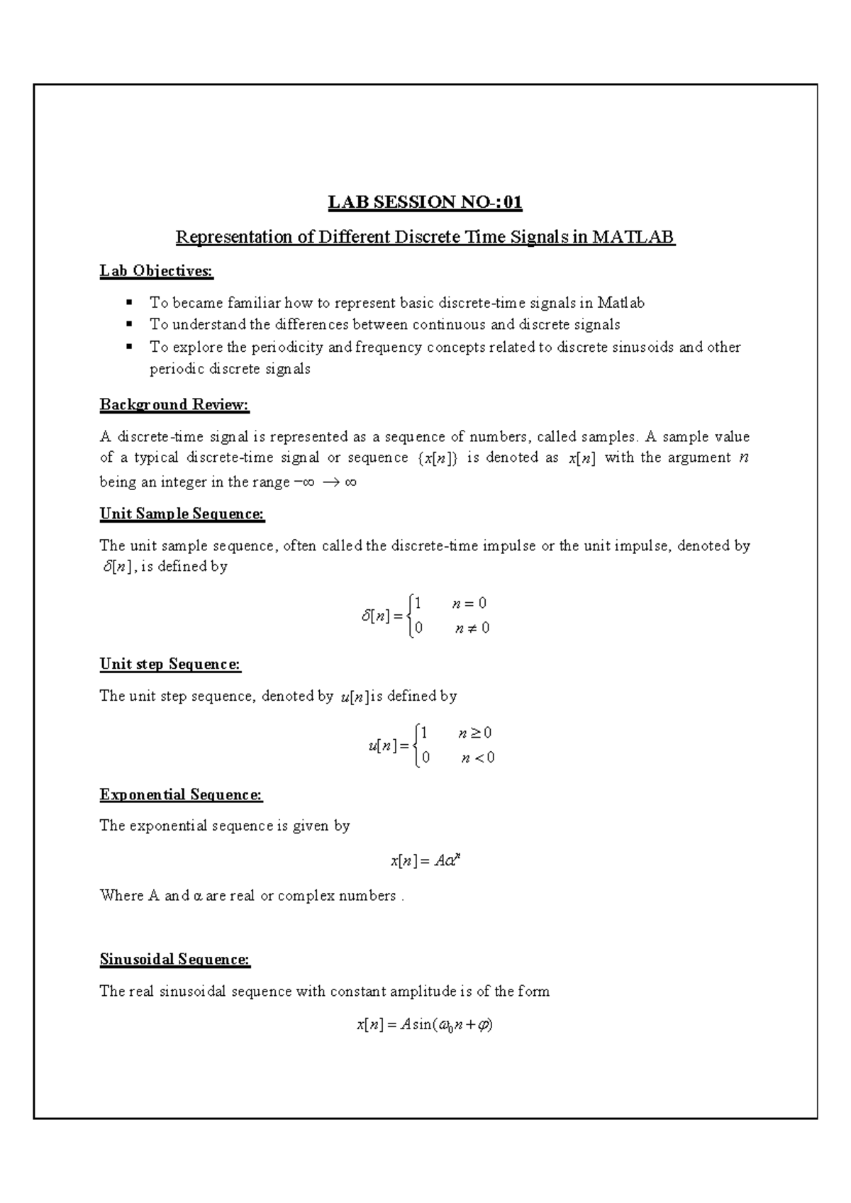 DSP lab 01 for class - N/A - LAB SESSION NO-: Representation of Different Discrete Time Signals ...