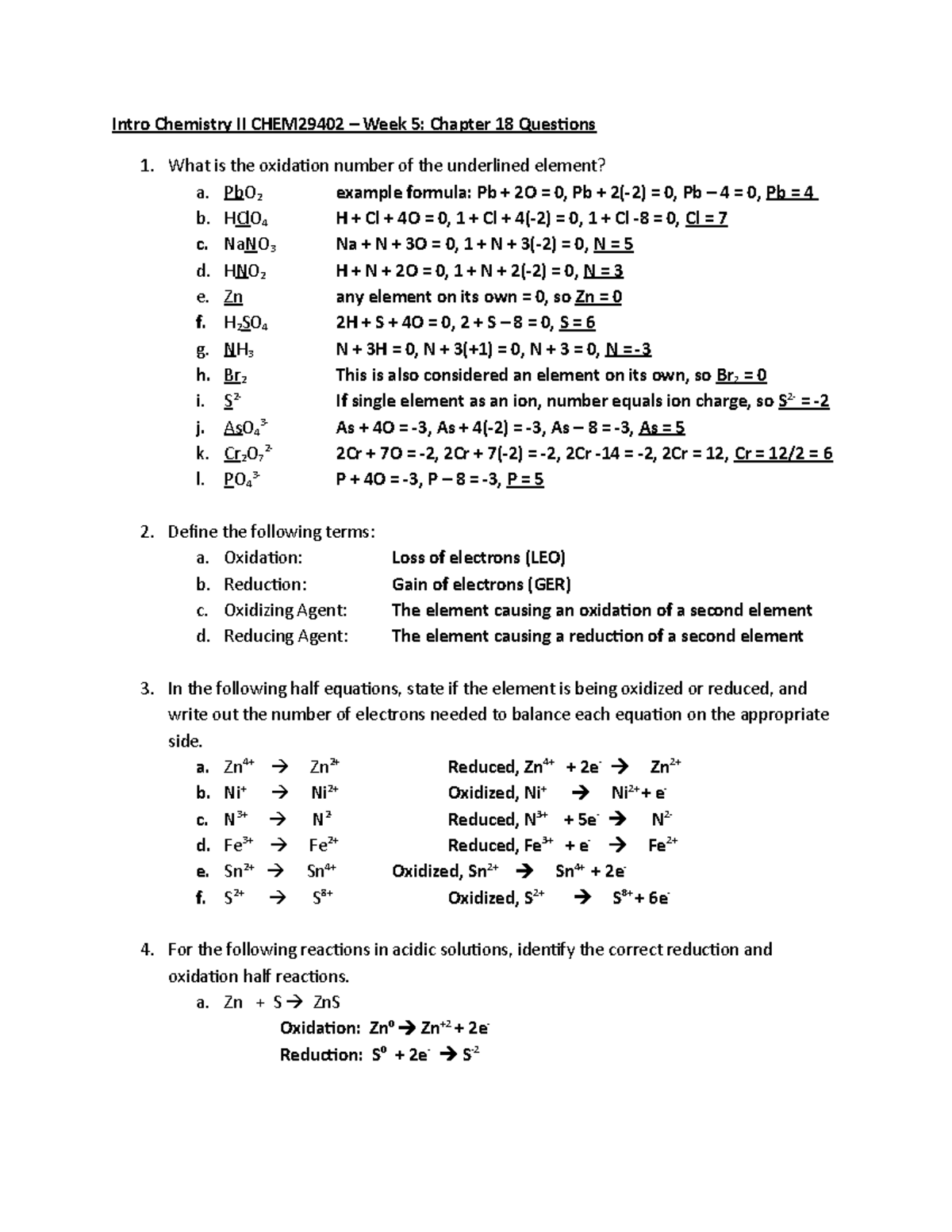 Week 5 chp18 questions answer key - Intro Chemistry II CHEM29402 – Week ...