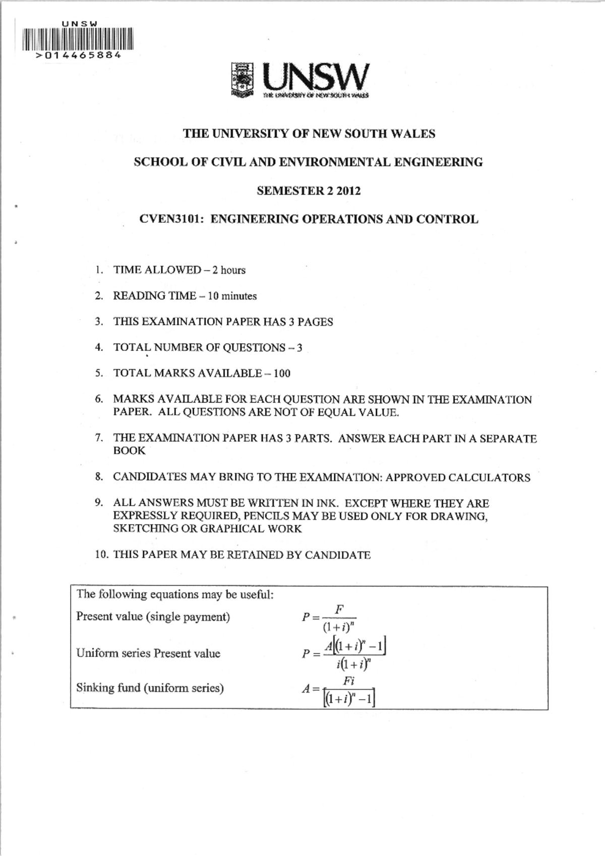 Exam 10 November 2012, questions - UNSW 4465884 M hEWWEH m THE ...