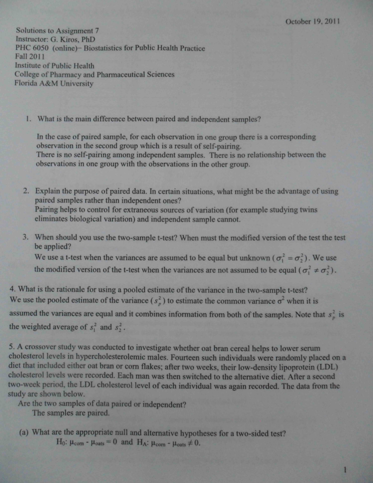 Homework Assignment 7 - PHC 6050 - Studocu