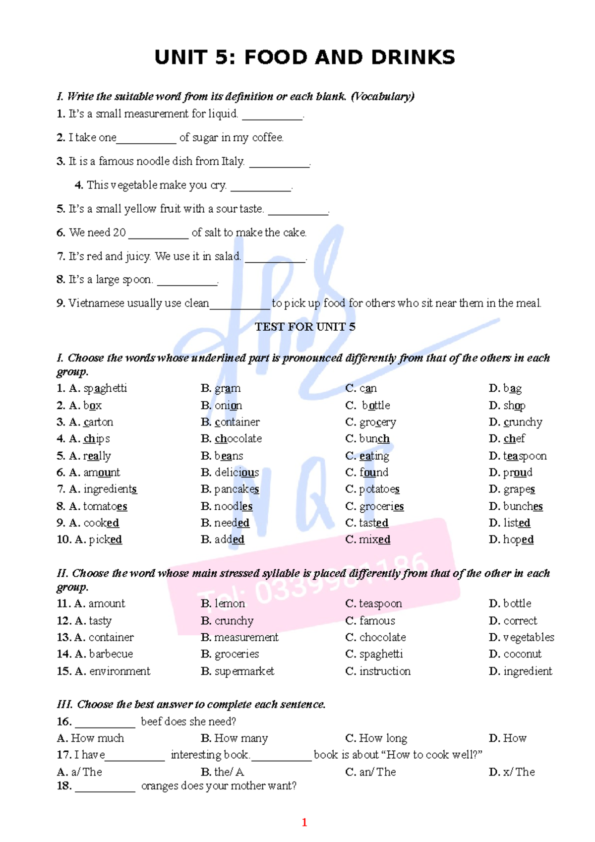 UNIT 5 - UNIT 5: FOOD AND DRINKS I. Write the suitable word from its ...