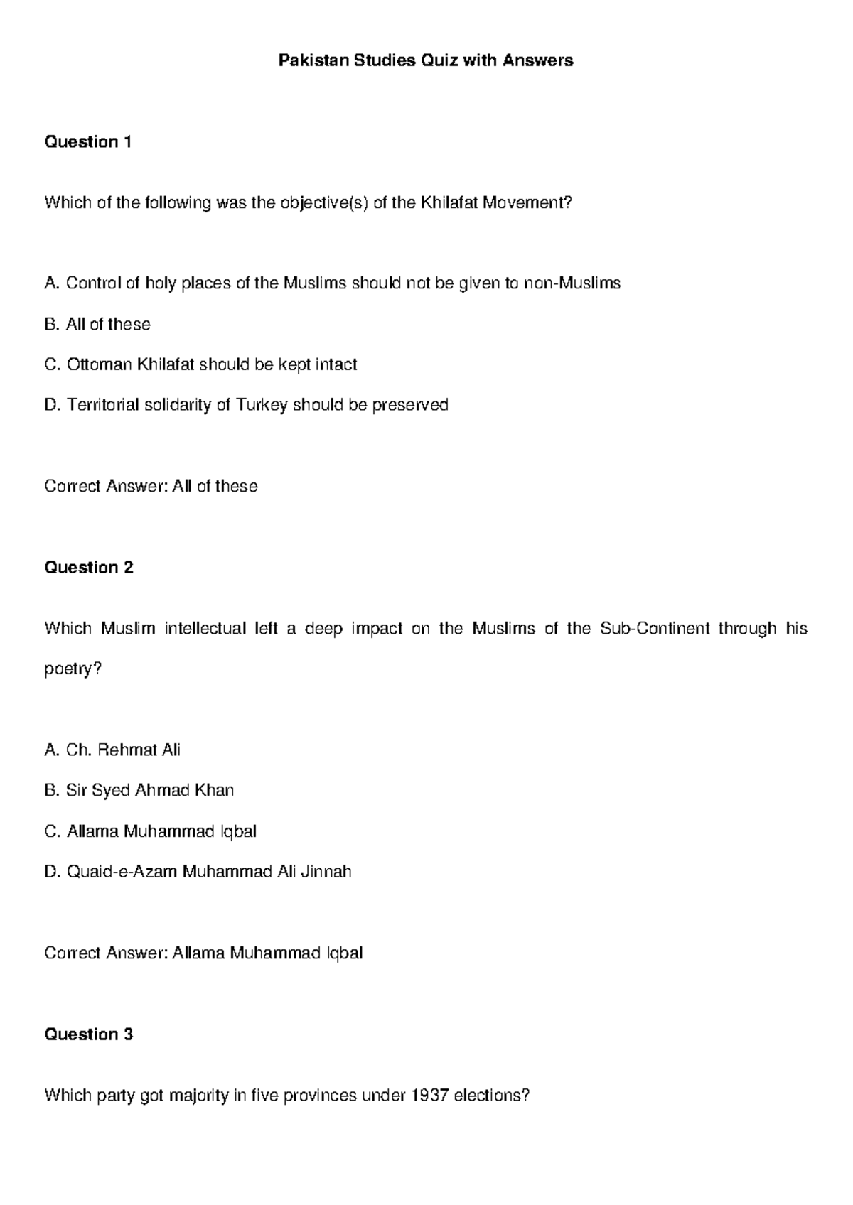 Pakistan Studies Quiz with Options and Answers - Question 1 Which of ...