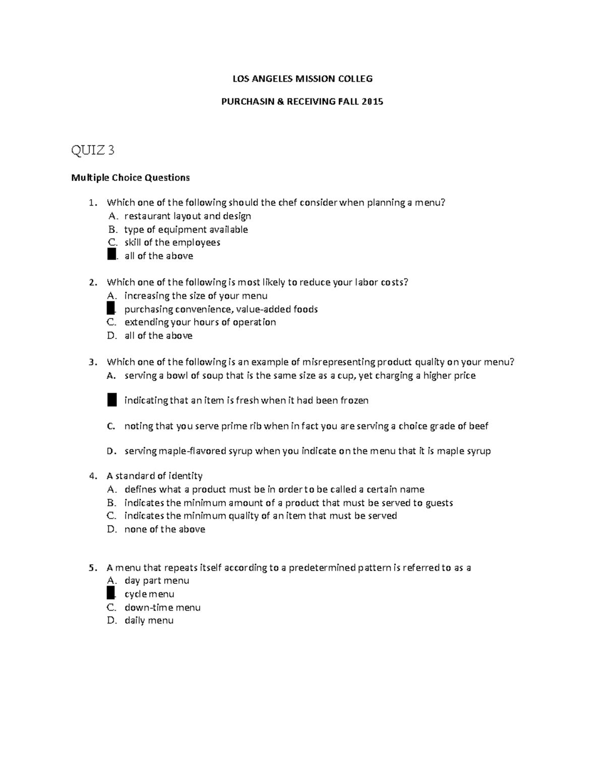 Quiz 3 PI F-15 - Menu Planning - LOS ANGELES MISSION COLLEG PURCHASIN ...